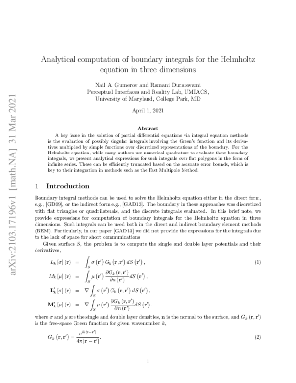 (PDF) Analytical computation of boundary integrals for the Helmholtz equation in three dimensions