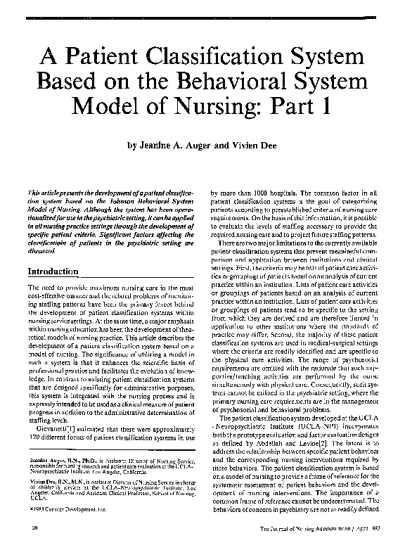 (PDF) A Patient Classification System Based on the Behavioral System ...