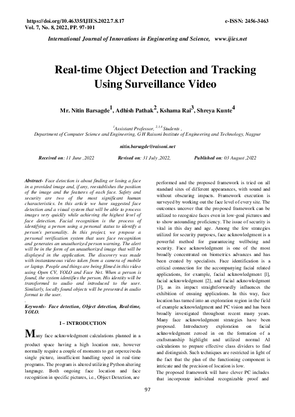 (PDF) Real-time Object Detection and Tracking Using Surveillance Video