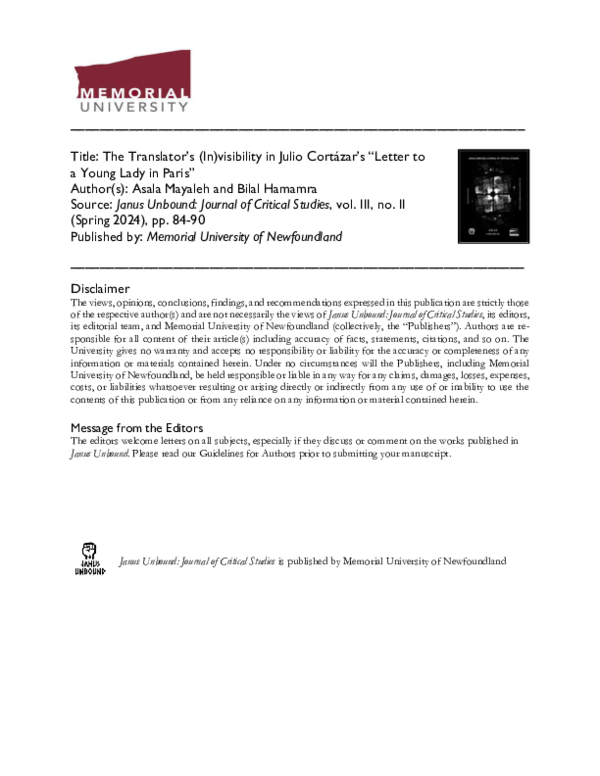 (PDF) The Translator's (In)visibility in Julio Cortázar's "Letter to a ...