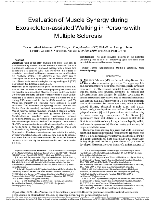 (PDF) Evaluation of Muscle Synergy During Exoskeleton-Assisted Walking ...