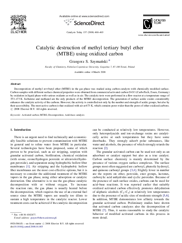Catalytic destruction of methyl tertiary butyl ether (MTBE) with a Pt ...