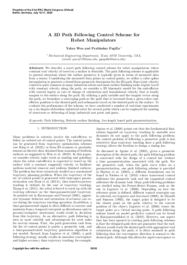 (PDF) A 3D Path Following Control Scheme for Robot Manipulators