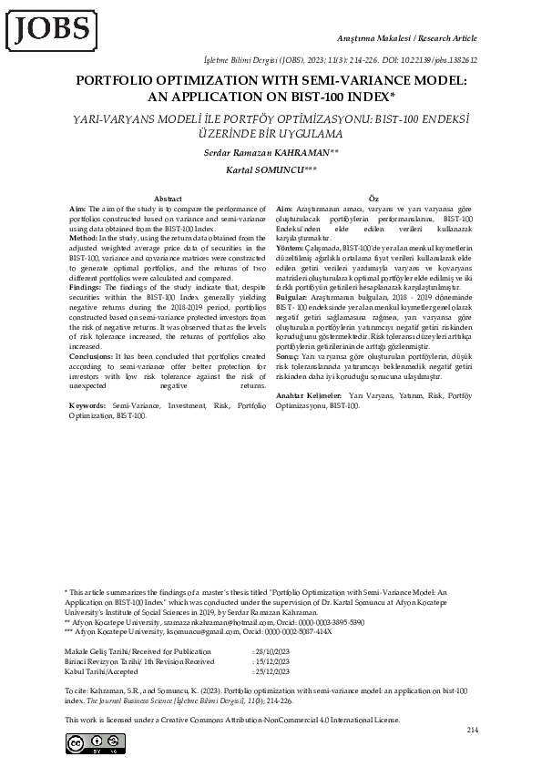 Pdf Portfolio Optimization With Semi Variance Model An Application On Bist 100 Index Kartal