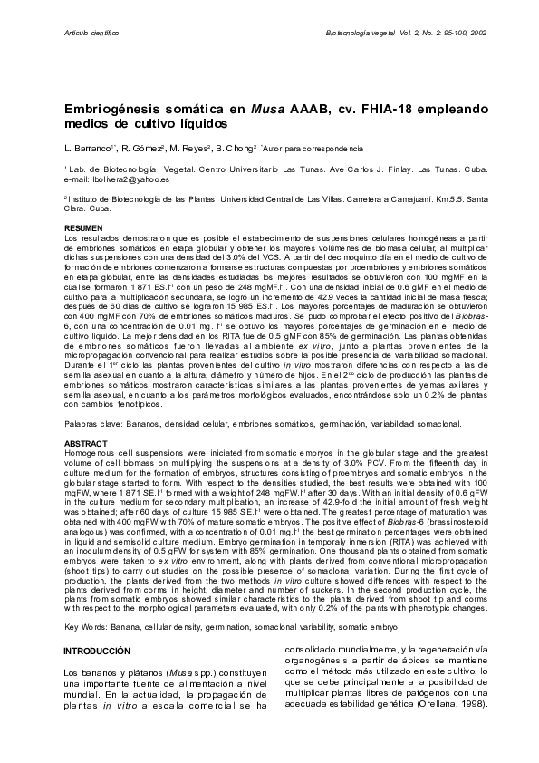 (PDF) Embriogénesis somática en Musa AAAB, cv. FHIA-18 empleando medios ...