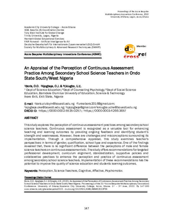 (PDF) An Appraisal of the Perception of Continuous Assessment Practice Among Secondary School ...