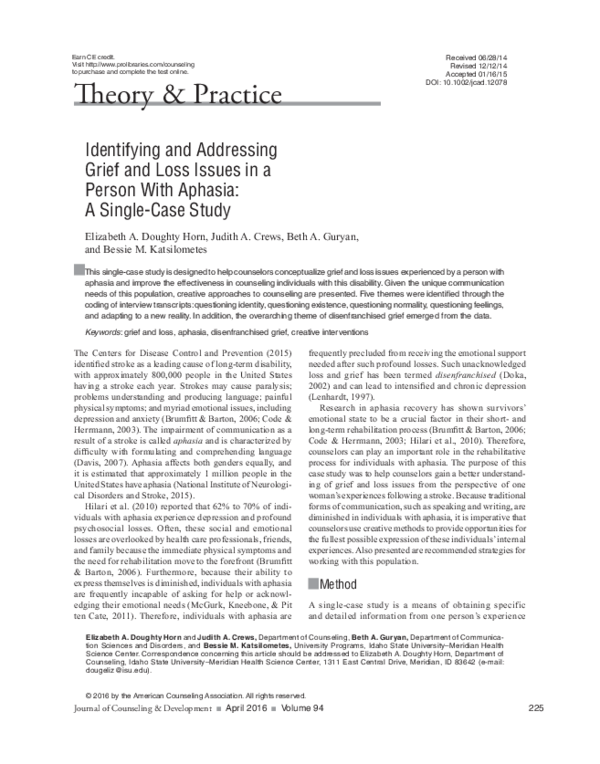 (PDF) Identifying and Addressing Grief and Loss Issues in a Person With ...