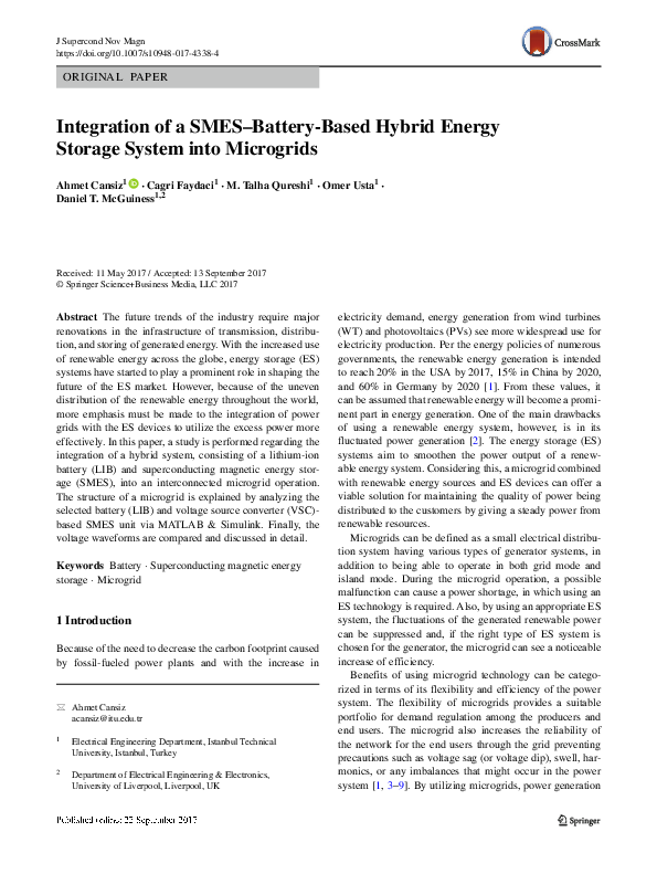 (PDF) Integration of a SMES–Battery-Based Hybrid Energy Storage System ...