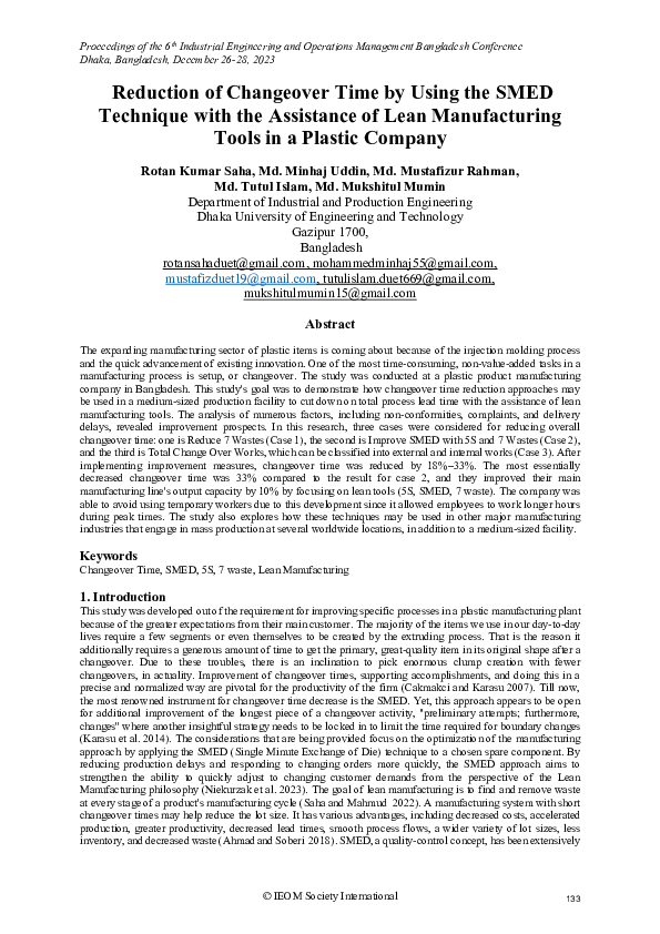 (PDF) Reduction of Changeover Time by Using the SMED Technique with the ...