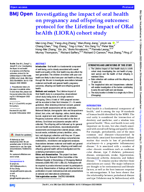 (PDF) Investigating the impact of oral health on pregnancy and offspring outcomes: protocol for ...