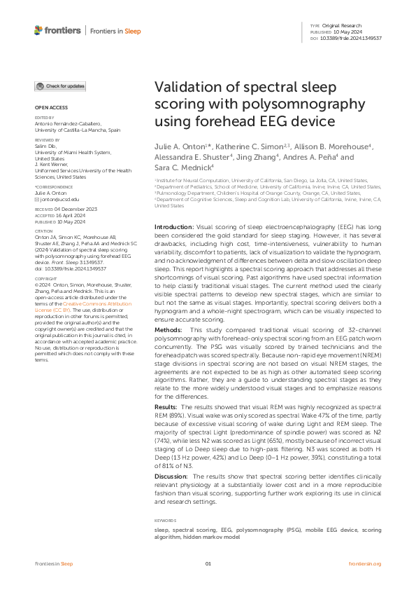 (PDF) Validation of spectral sleep scoring with polysomnography using forehead EEG device