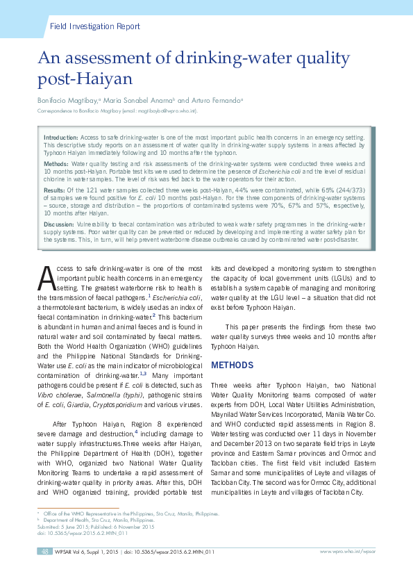 (PDF) An assessment of drinking-water quality post-Haiyan