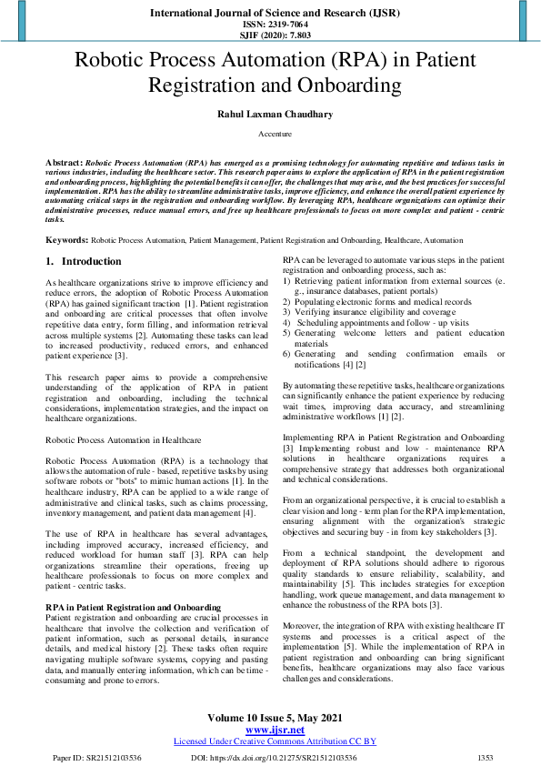 (PDF) Robotic Process Automation (RPA) in Patient Registration and ...