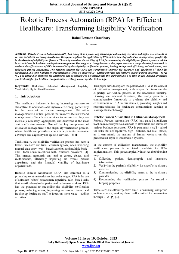 (PDF) Robotic Process Automation (RPA) for Efficient Healthcare: Transforming Eligibility ...