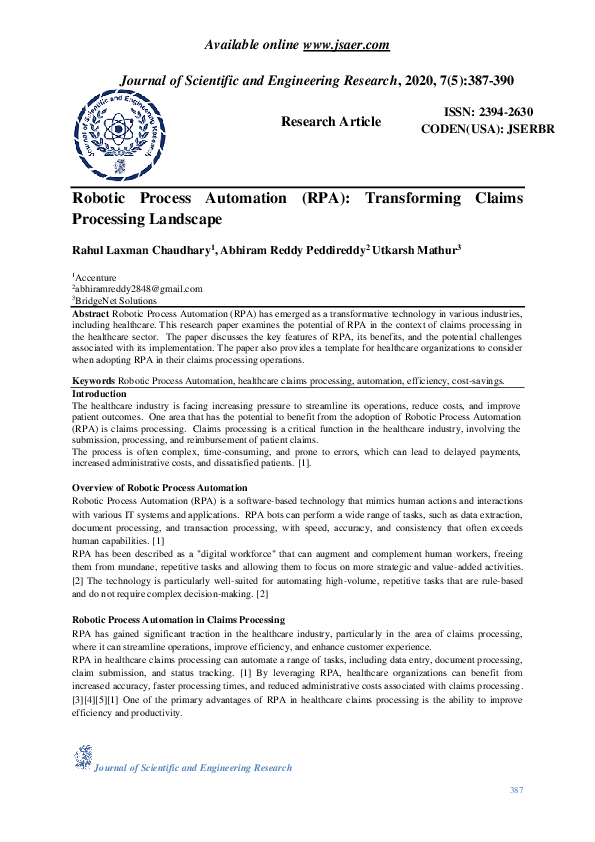 (PDF) Robotic Process Automation (RPA): Transforming Claims Processing Landscape