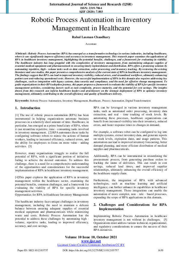 (PDF) Robotic Process Automation in Inventory Management in Healthcare