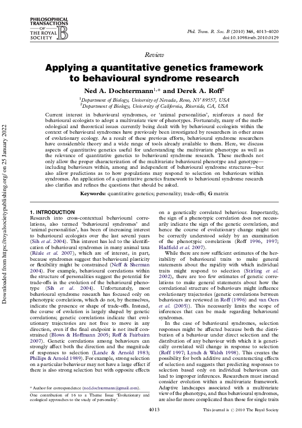 (PDF) Applying a quantitative genetics framework to behavioural syndrome research