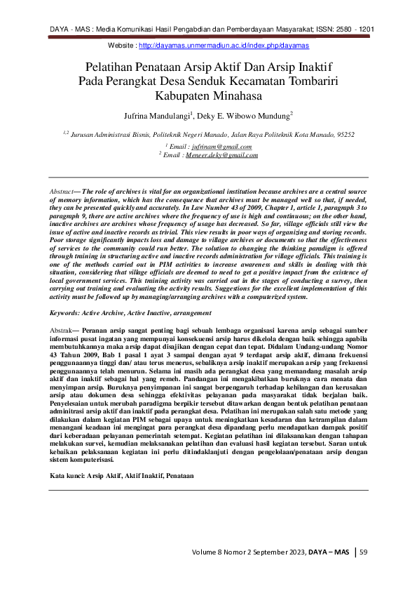 (PDF) Pelatihan Penataan Arsip Aktif Dan Arsip Inaktif Pada Perangkat Desa Senduk Kecamatan ...