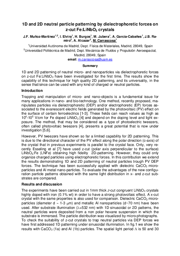 Pdf 1d And 2d Neutral Particle Patterning By Dielectrophoretic Forces On Z Cut Fe Linbo3