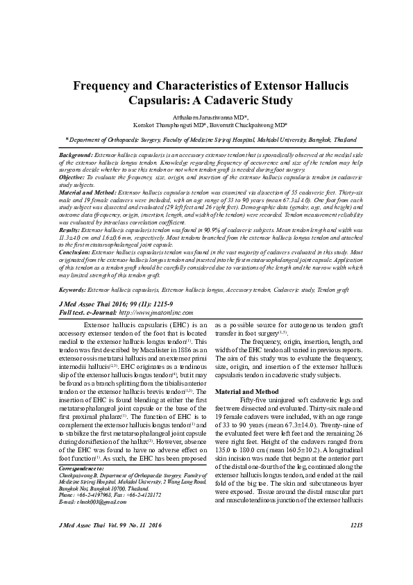 (PDF) Frequency and Characteristics of Extensor Hallucis Capsularis: A ...