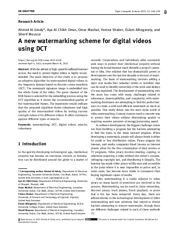 (PDF) A new watermarking scheme for digital videos using DCT