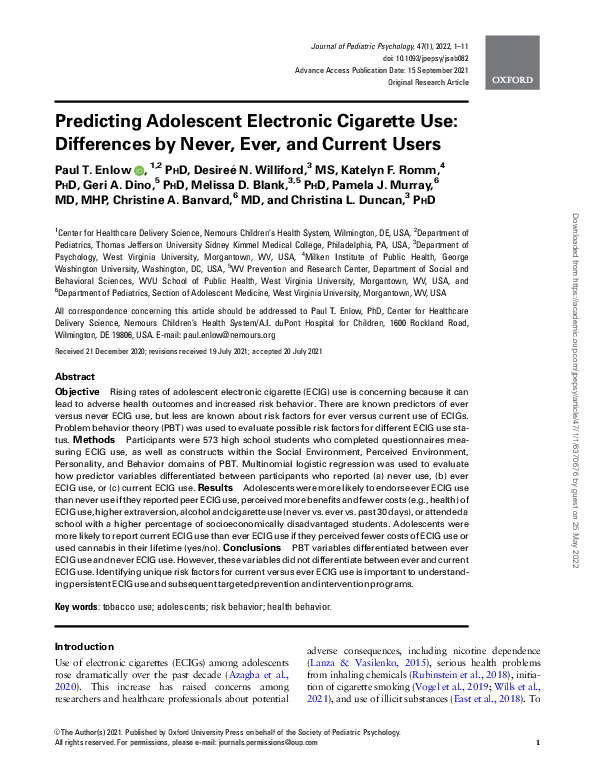 (PDF) Predicting Adolescent Electronic Cigarette Use: Differences by ...
