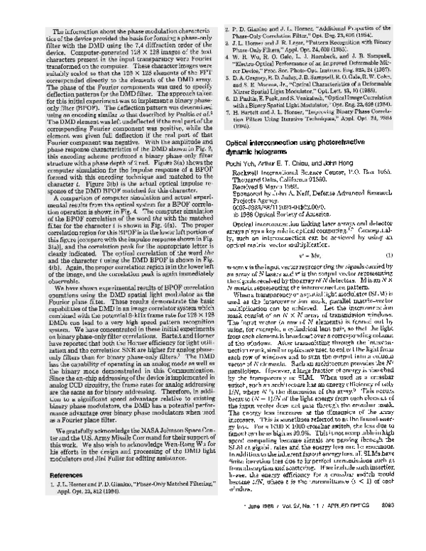 Pdf Optical Interconnection Using Photorefractive Dynamic Holograms