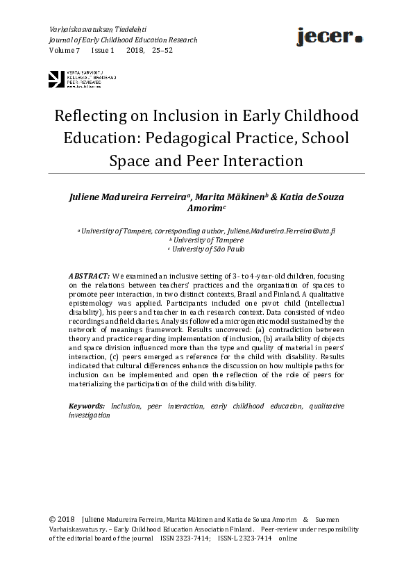 (PDF) Inclusion in Early Childhood: Practices and Peer Interactions