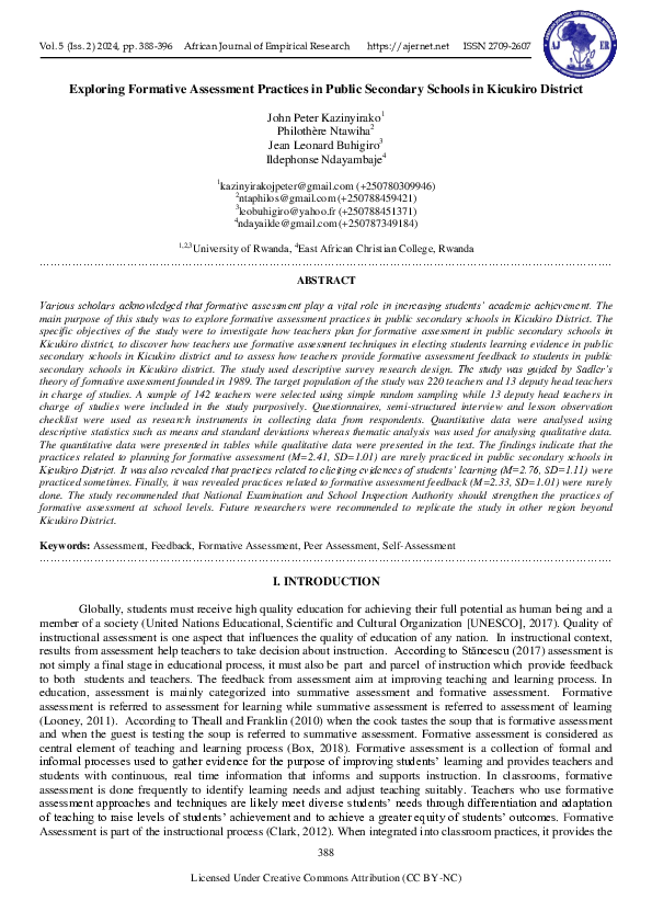 (PDF) Exploring Formative Assessment Practices in Public Secondary Schools in Kicukiro District