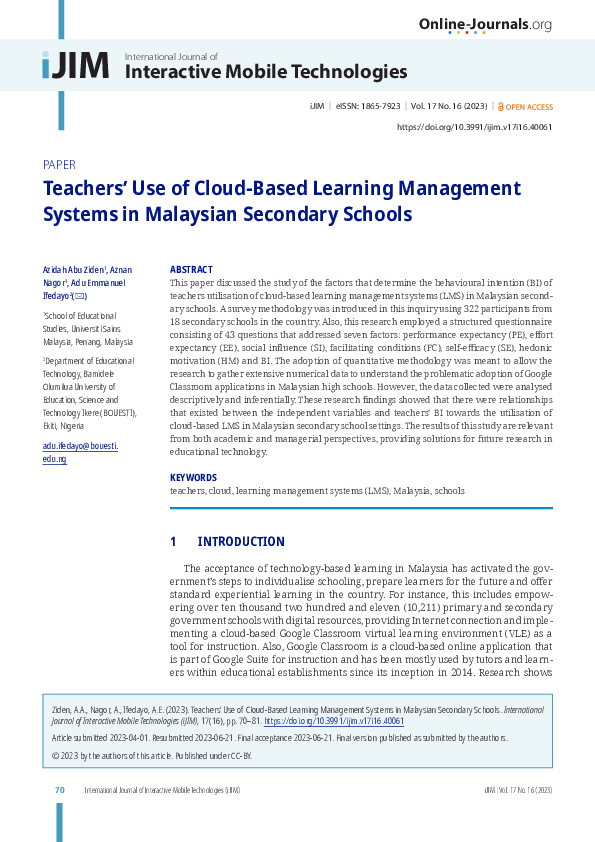 (PDF) Teachers’ Use of Cloud-Based Learning Management Systems in ...
