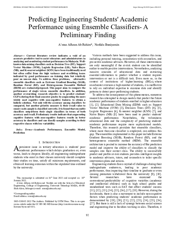 (PDF) Predicting Engineering Students' Academic Performance using Ensemble Classifiers- A ...