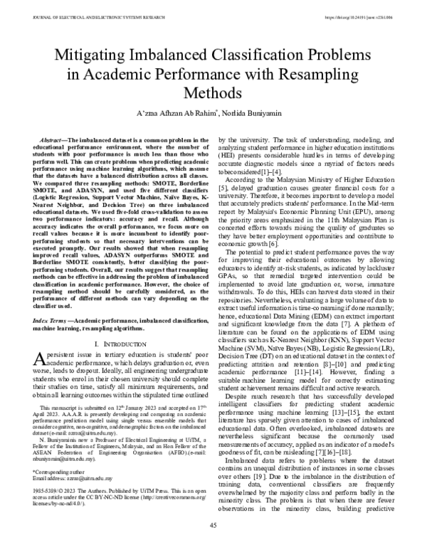 (PDF) Mitigating Imbalanced Classification Problems in Academic ... (PDF) Mitigating Imbalanced Classification Problems in Academic ...