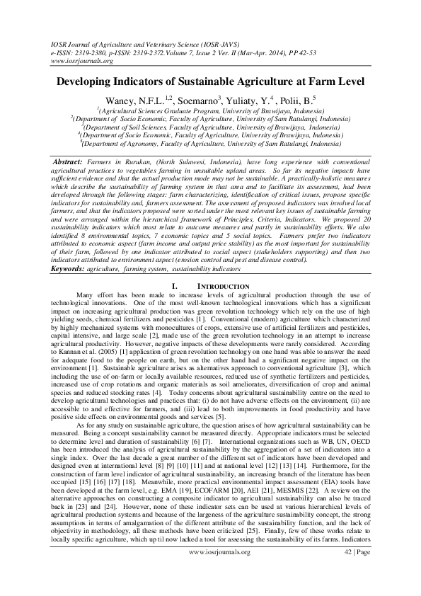 (PDF) Developing Indicators of Sustainable Agriculture at Farm Level