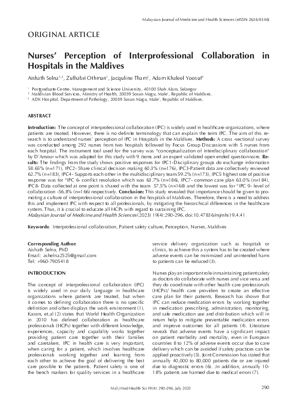 (PDF) Nurses’ Perception of Interprofessional Collaboration in Hospitals in the Maldives