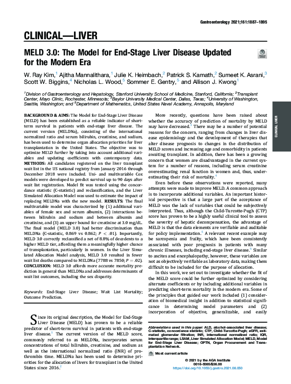 (PDF) MELD 3.0: The Model for End-Stage Liver Disease Updated for the ...
