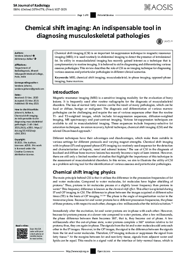 (PDF) Chemical shift imaging: An indispensable tool in diagnosing musculoskeletal pathologies