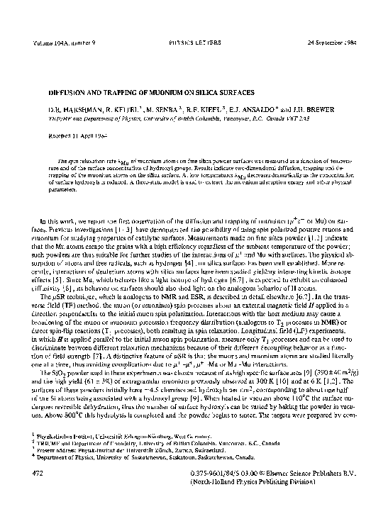 (PDF) Diffusion and trapping of muonium on silica surfaces
