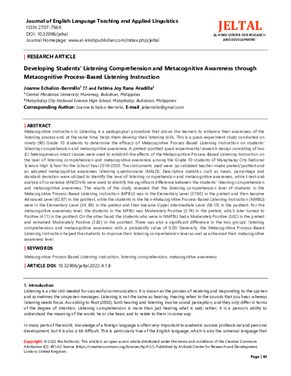 (PDF) Developing Students' Listening Comprehension and Metacognitive Awareness through ...