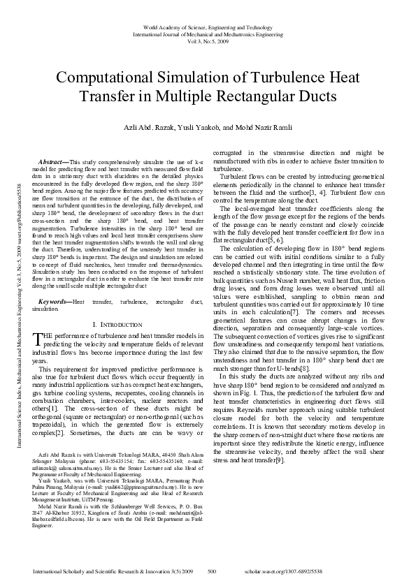 (PDF) Computational Simulation Of Turbulence Heat Transfer In Multiple Rectangular Ducts