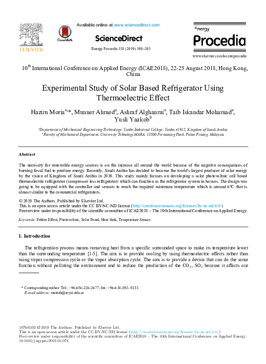 (PDF) Experimental Study of Solar Based Refrigerator Using Thermoelectric Effect