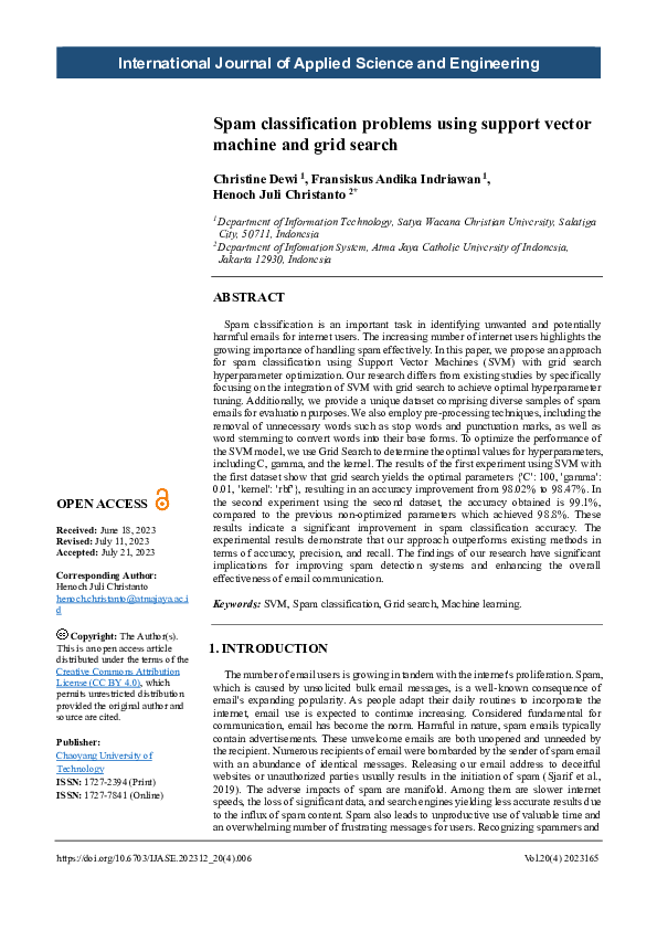 (PDF) Spam classification problems using support vector machine and grid search