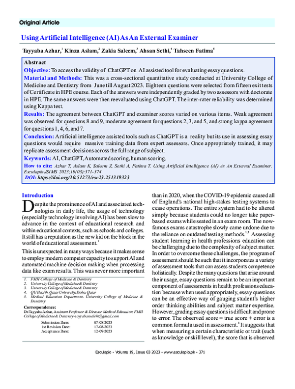 (PDF) Using Artificial Intelligence (AI) As An External Examiner