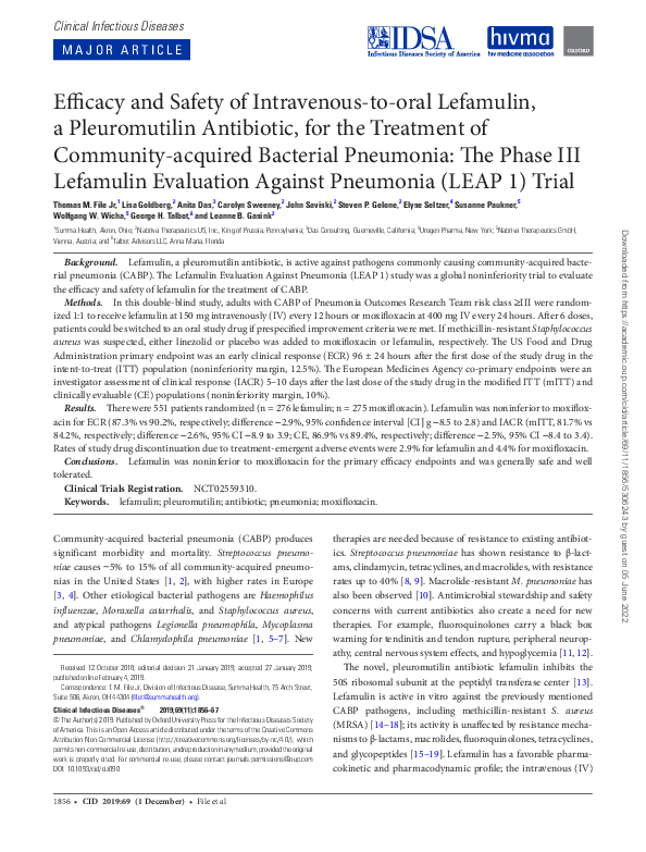 (PDF) Efficacy and Safety of Intravenous-to-oral Lefamulin, a ...