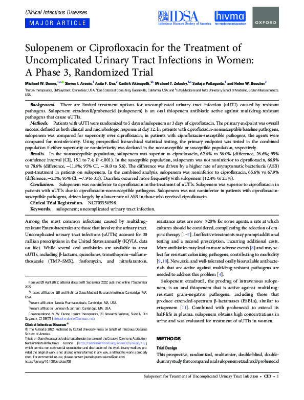 (PDF) Sulopenem or Ciprofloxacin for the Treatment of Uncomplicated ...