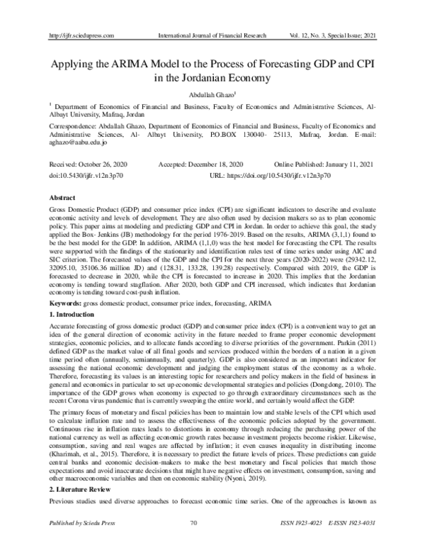 (PDF) Applying the ARIMA Model to the Process of Forecasting GDP and CPI in the Jordanian Economy