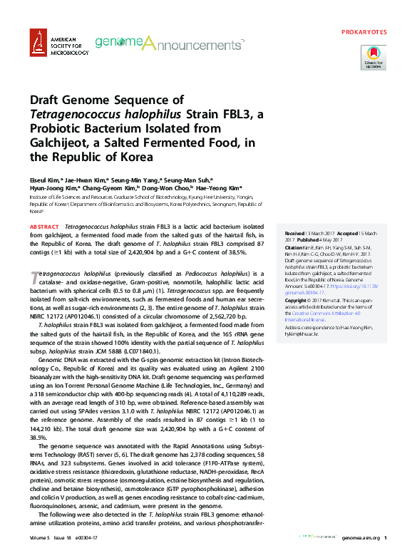 (PDF) Draft Genome Sequence of Tetragenococcus halophilus Strain FBL3, a Probiotic Bacterium ...