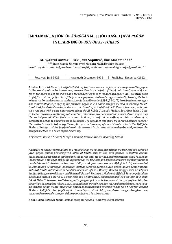 (PDF) Implementation of Sorogan Method Based Java Pegon in Learning of ...