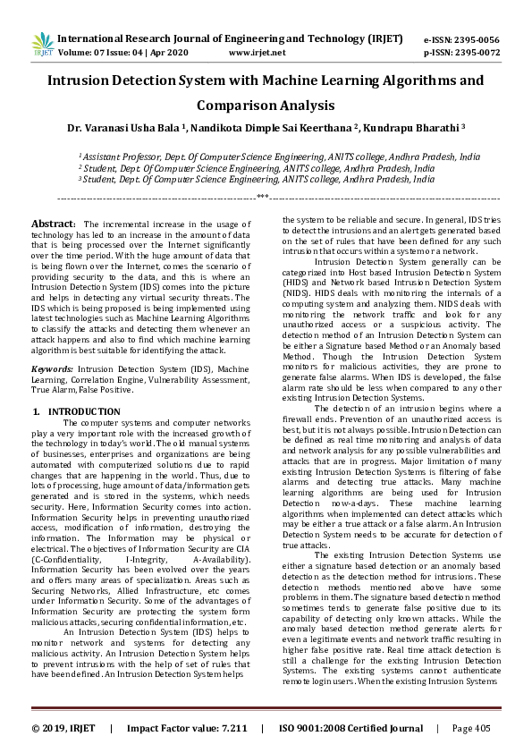 Pdf Intrusion Detection System With Machine Learning Algorithms And Comparison Analysis