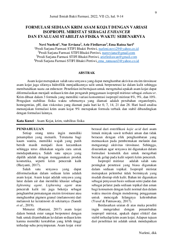 (PDF) Formulasi Sediaan Krim Asam Kojat Dengan Variasi Isopropil Miristat Sebagai Enhancer Dan ...