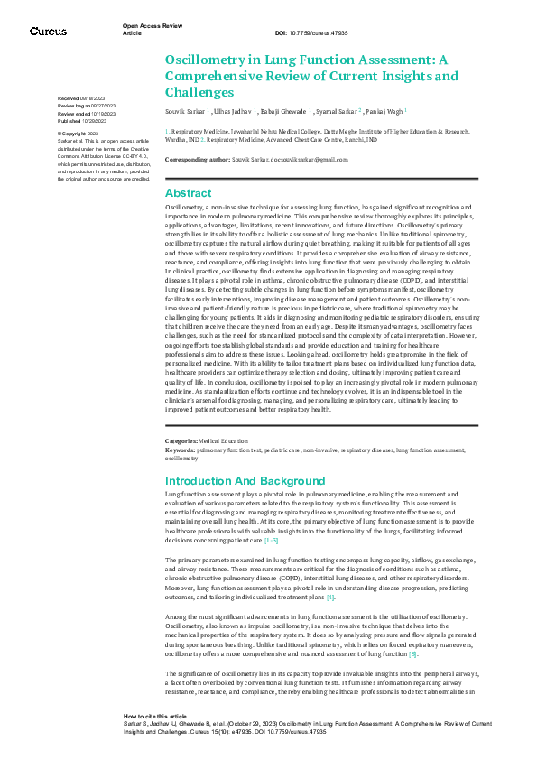 (PDF) Oscillometry in Lung Function Assessment: A Comprehensive Review of Current Insights and ...